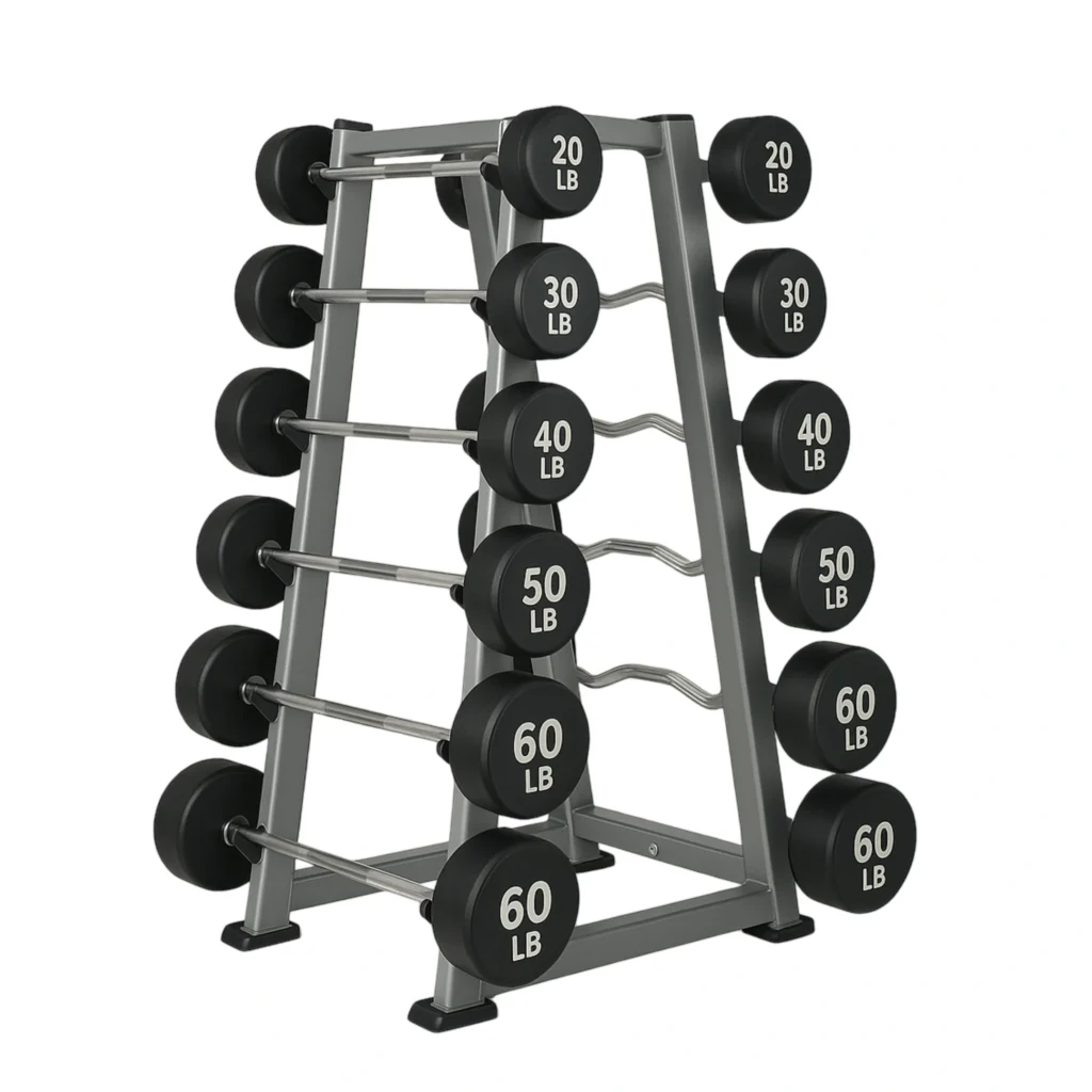 RACK CON 10 BARRAS DE PESO FIJO, 5 CURVAS Y 5 RECTAS 20-60 LBS - Tienda ...